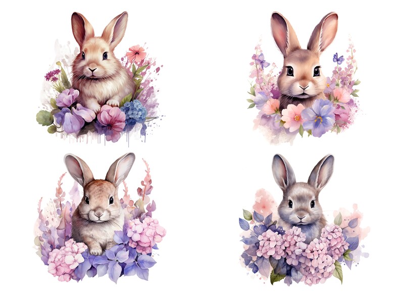 Purple Easter Watercolor Clipart, Purple Floral Bunnies, Easter Bunny ...