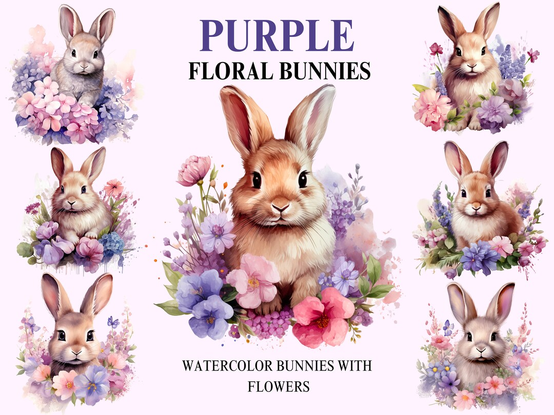 Purple Easter Watercolor Clipart, Purple Floral Bunnies, Easter Bunny ...