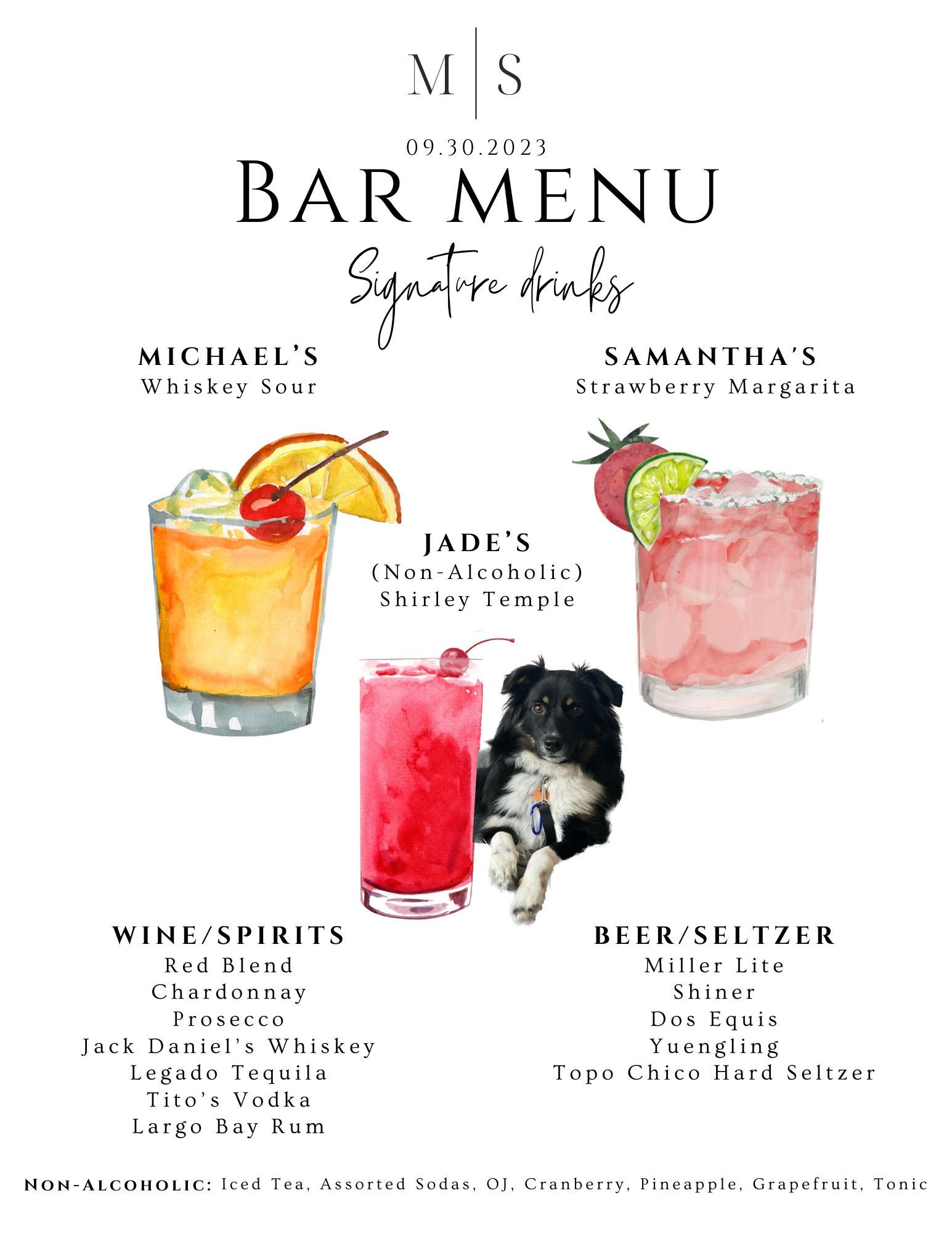 Wedding Bar Sign, Whiskey Sour, Strawberry Margarita, Shirley Temple ...