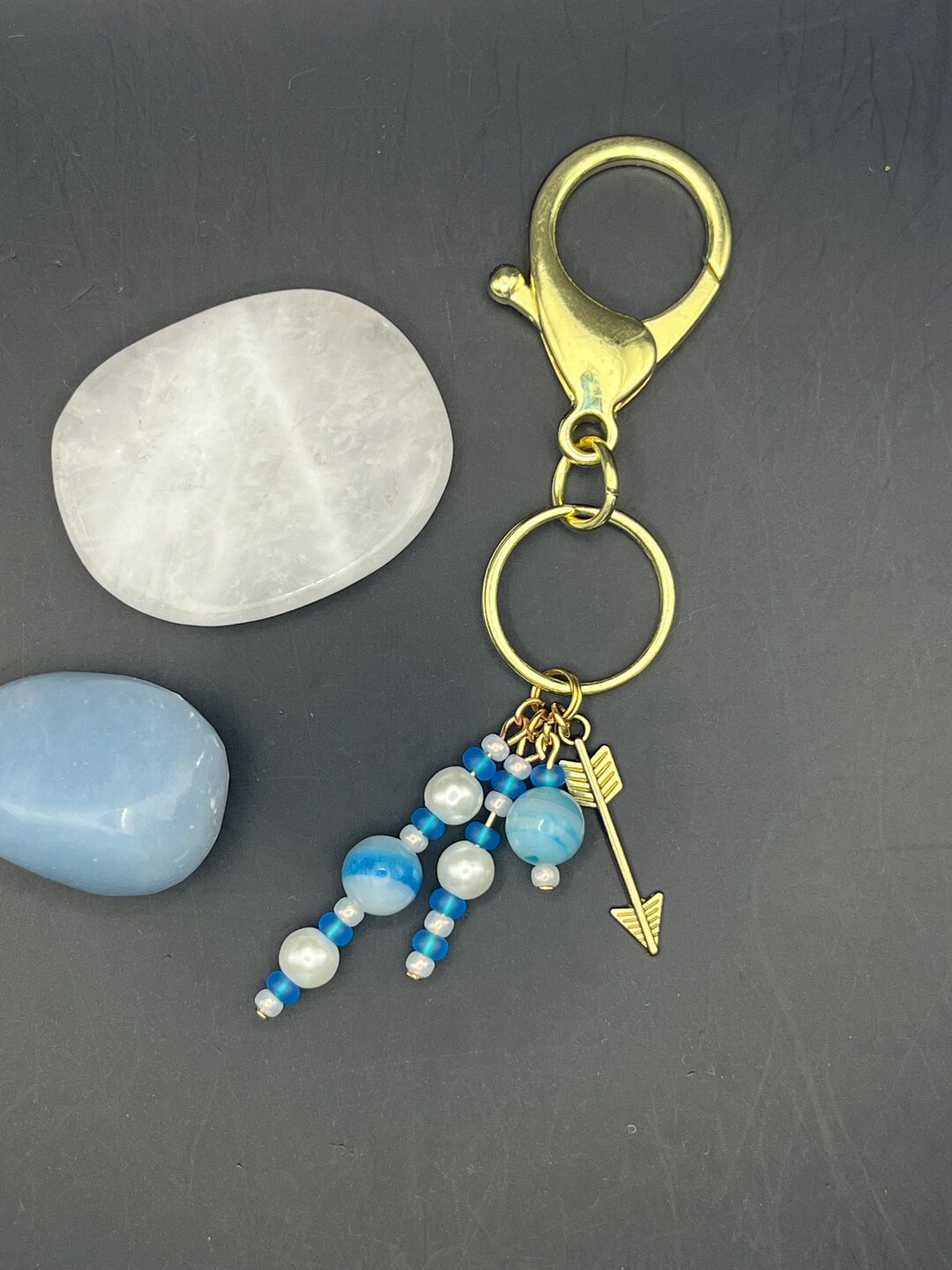 Pearl and Blue Beaded Gold Keychain - Etsy