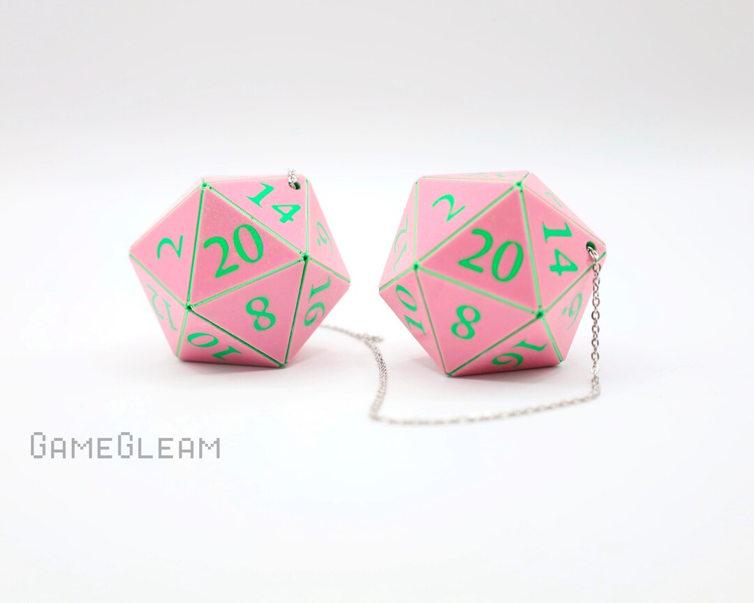 D20 Car Dice 2 Pink and Green Holographic star Burst Hanging Dnd Charm ...