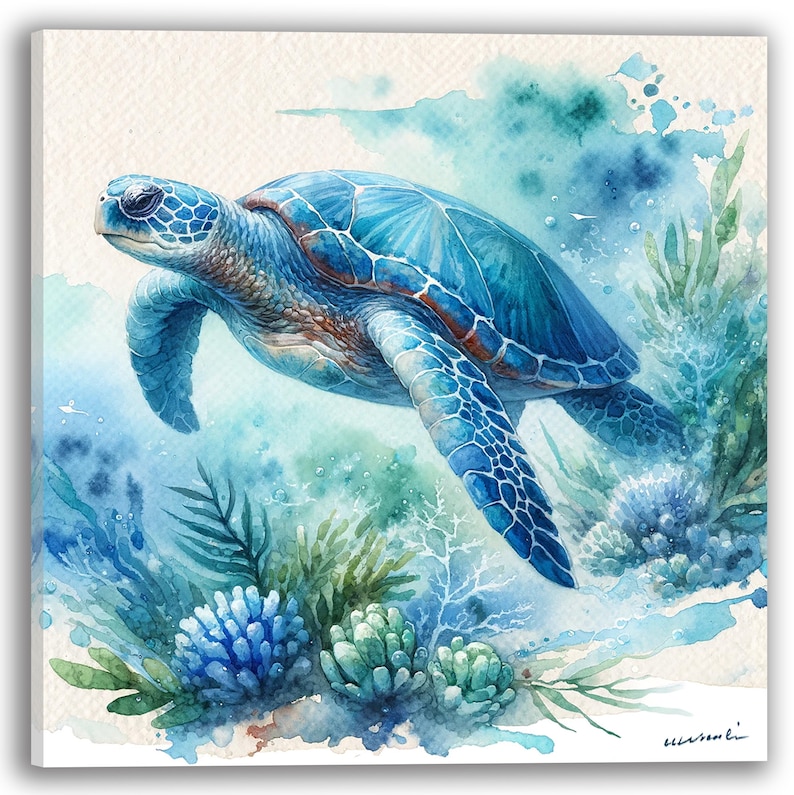 Coastal Harmony: Nautical Sea Turtle - Premium Watercolor Wrapped ...