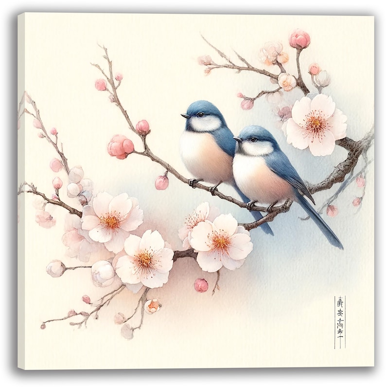Cherry Blossom Serenade - Watercolor Birds on Branch Canvas Art - Etsy