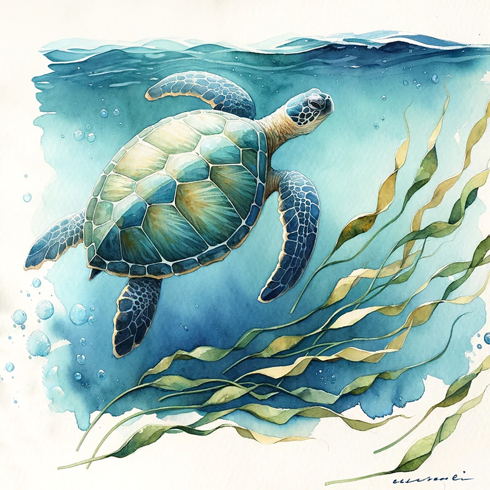 Aquatic Drift: Ocean Current Sea Turtle - Watercolor Wrapped Canvas ...