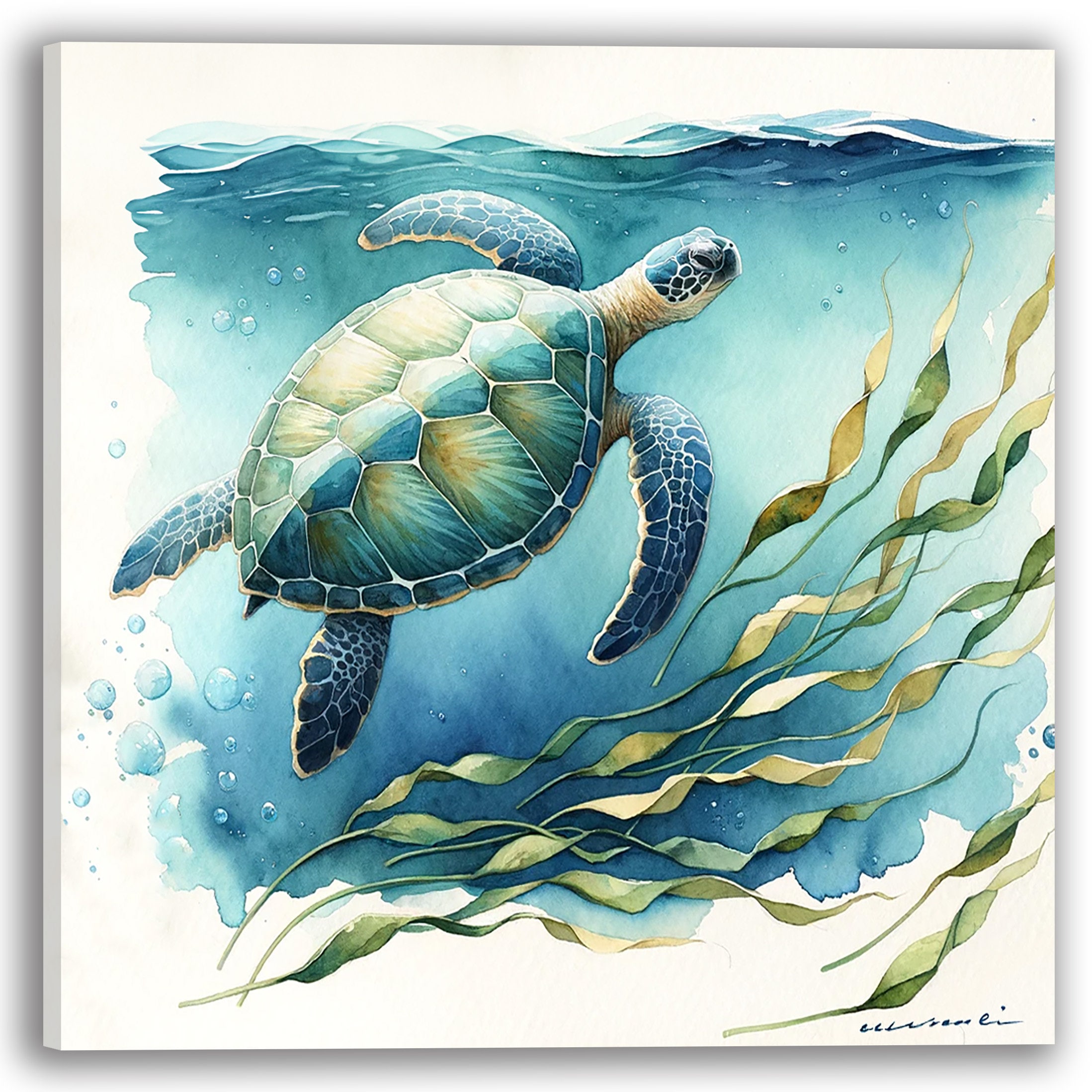 Aquatic Drift: Ocean Current Sea Turtle Watercolor Wrapped Canvas Print ...
