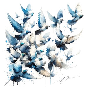 Azure Ascendancy - Dynamic Swirl of Pigeons Watercolor Canvas Print - Etsy