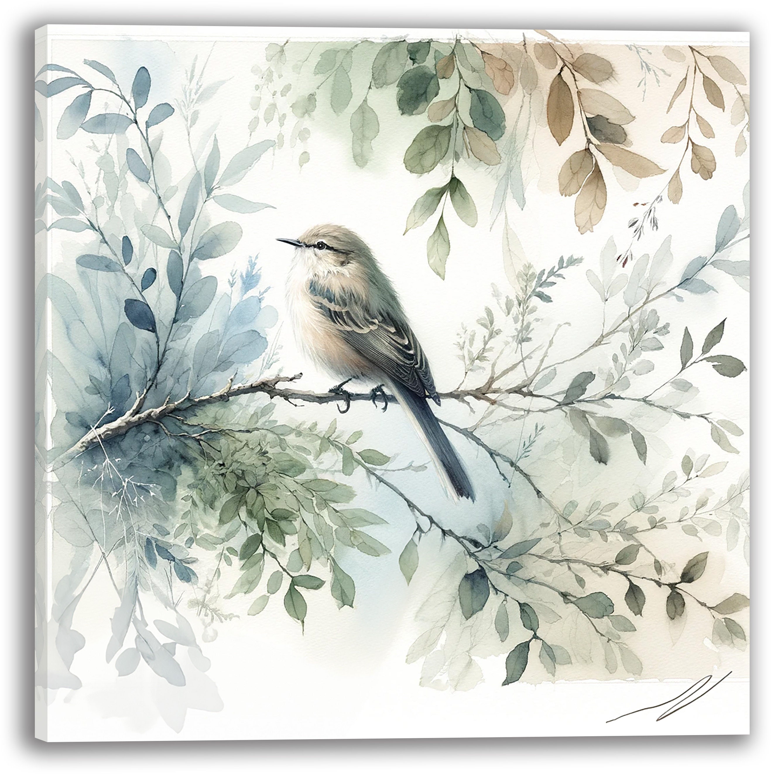 Whispering Leaves - Watercolor Bird and Paintbrush Canvas Art - Etsy
