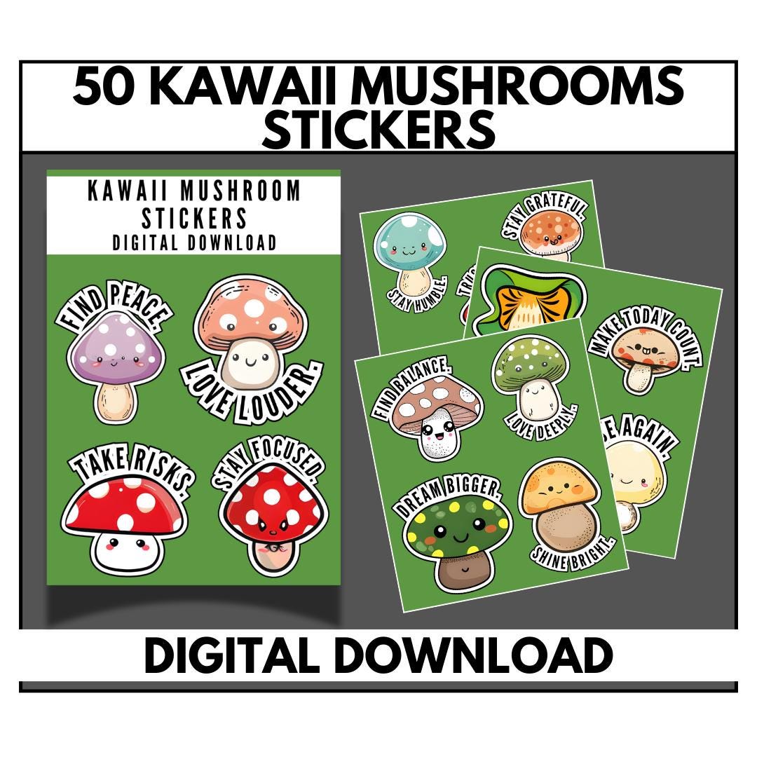 50 Kawaii Mushroom Stickers, Cute Digital Mushroom Stickers, Cute ...