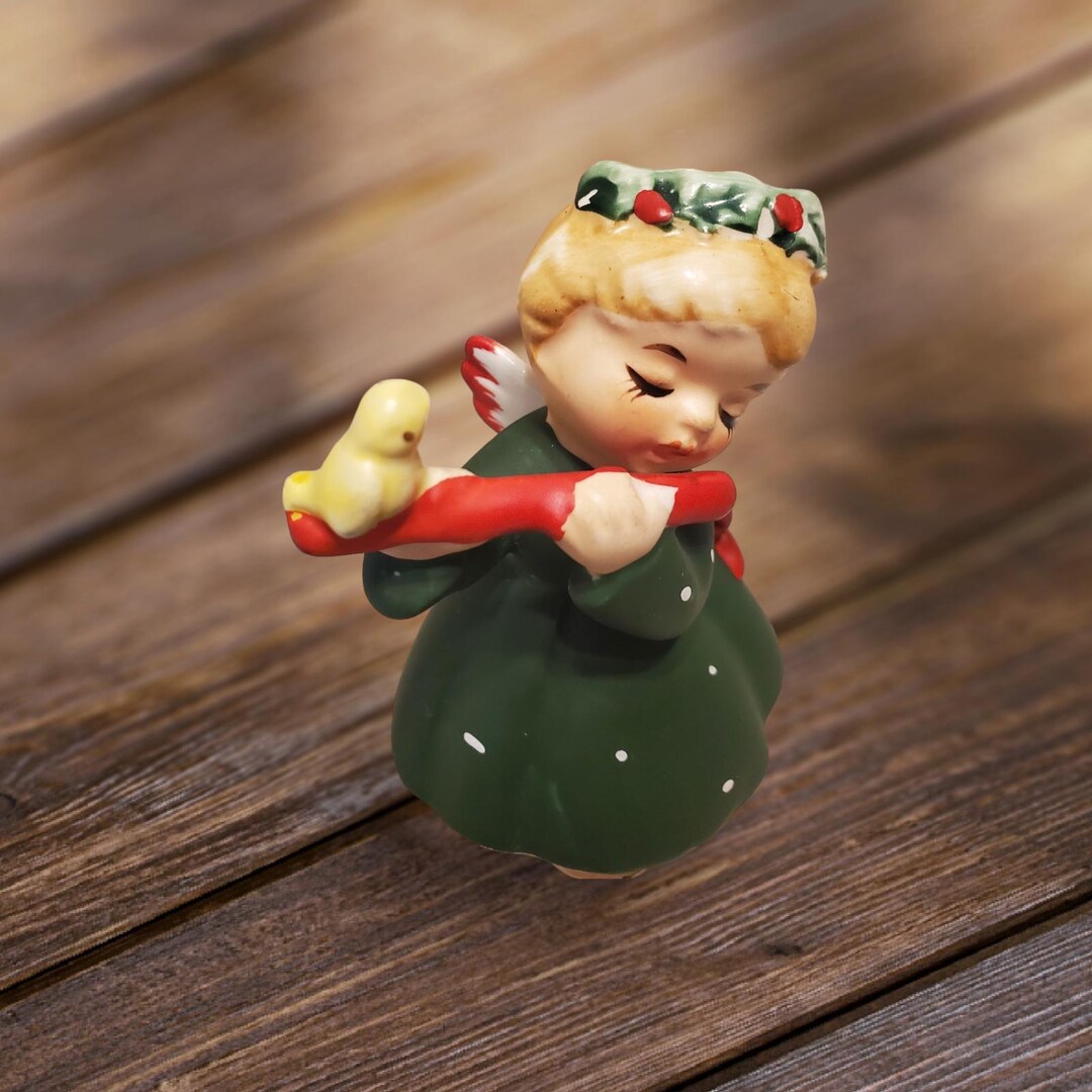 Vintage Lefton Christmas Angel in Green With Flute and Bird - Etsy