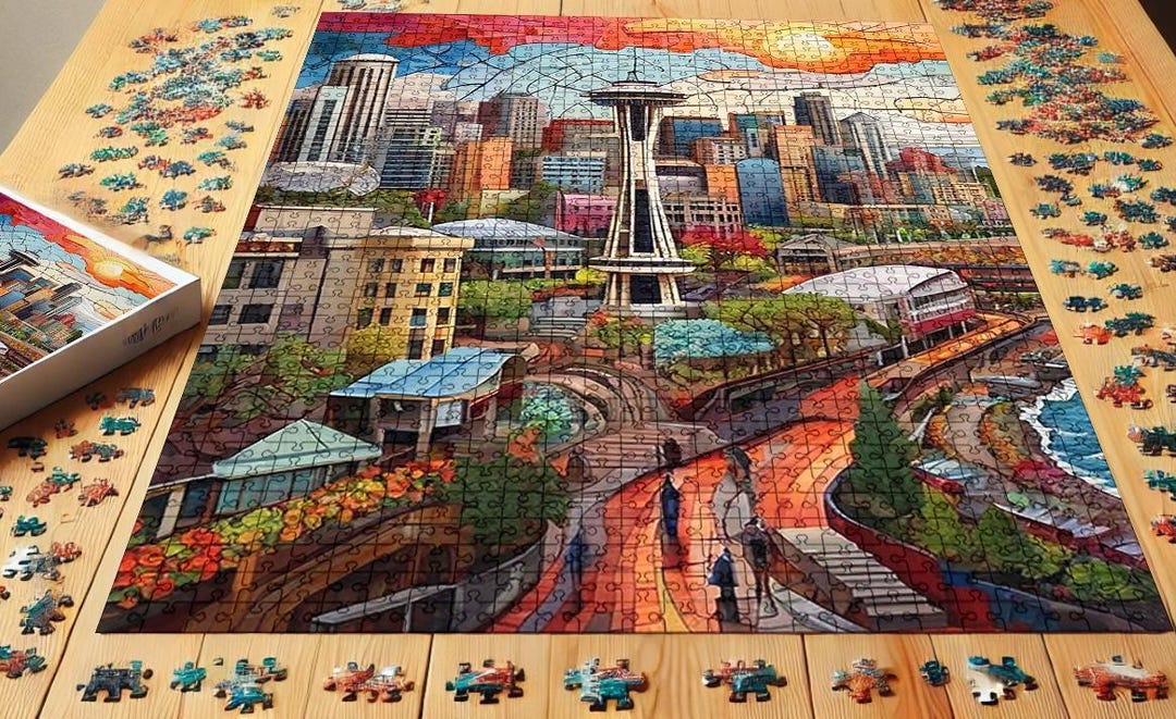 Seattle Skyline Puzzle - Vibrant Mosaic Jigsaw, Cityscape Art Puzzle ...