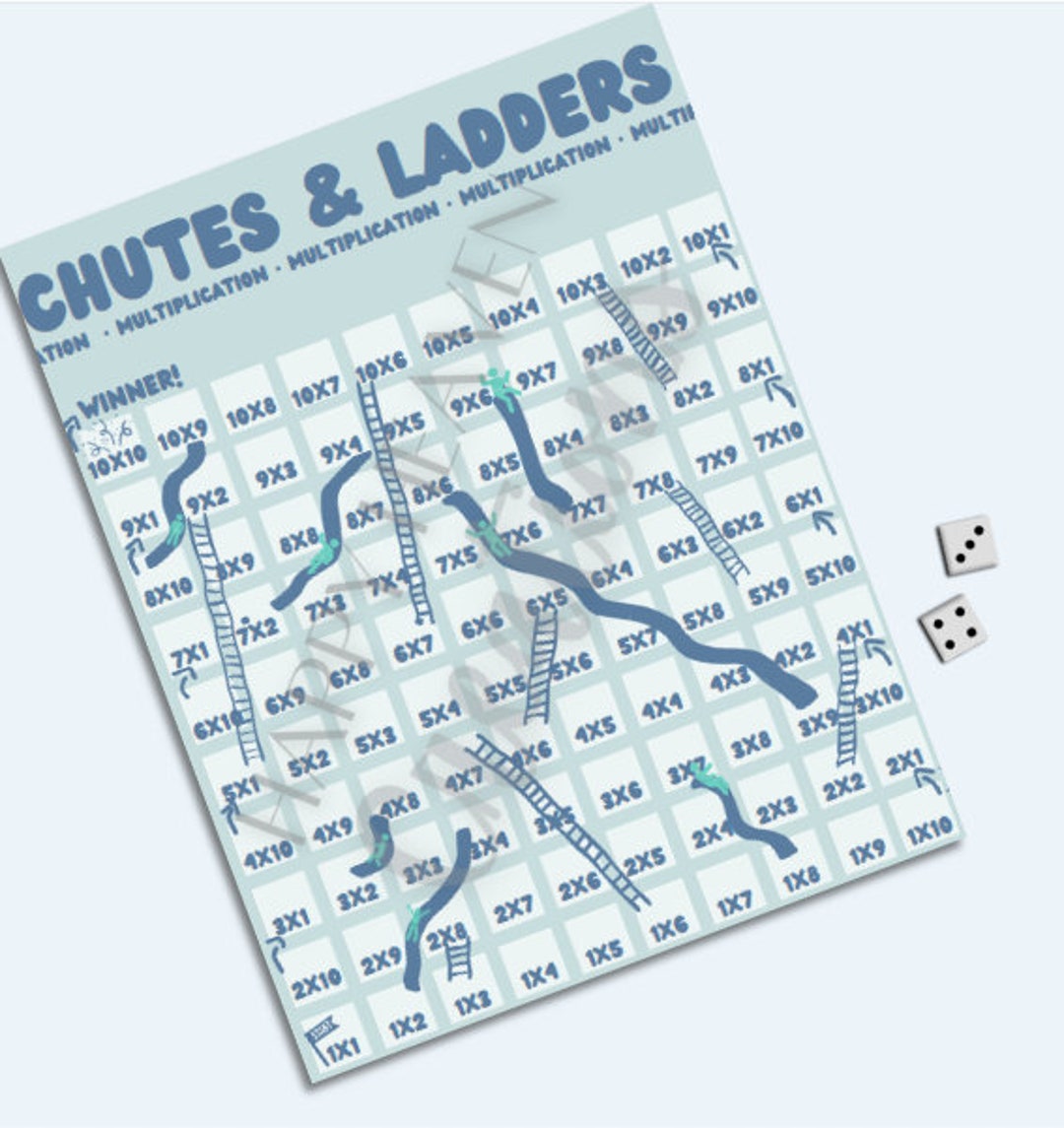 Multiplication Math Chutes and Ladders Game Blue Downloadable Printable ...