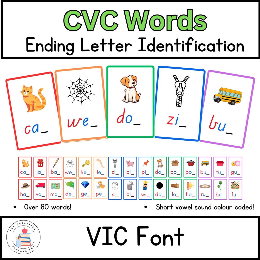 VIC Font | Early Learning CVC Flash Cards | Ending Sound Identification ...
