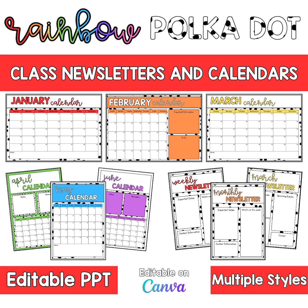 Rainbow Polka Dot Editable Communication Newsletters and Calendars ...