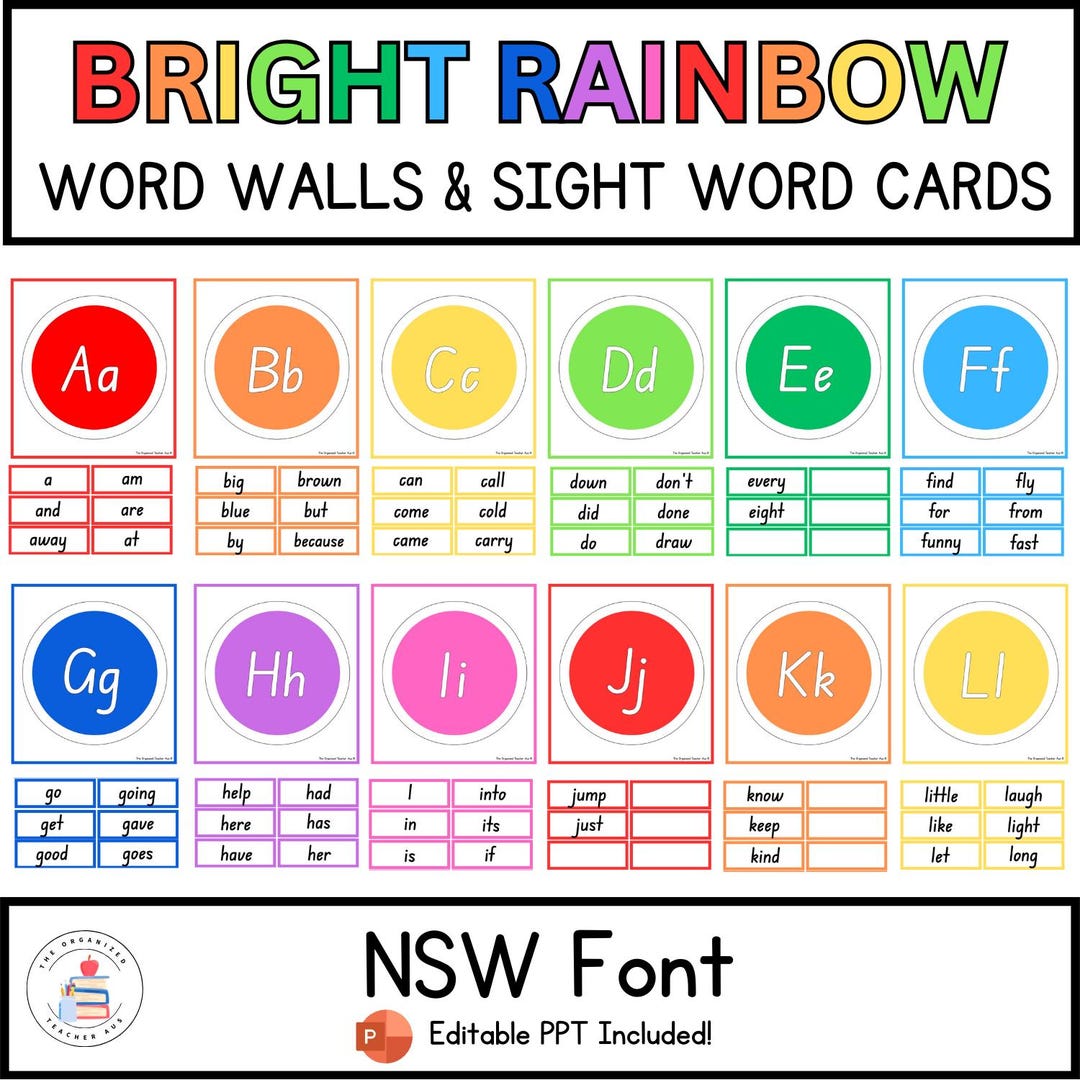 NSW Font Editable Word Wall + Sight Word Cards | Rainbow Bright ...
