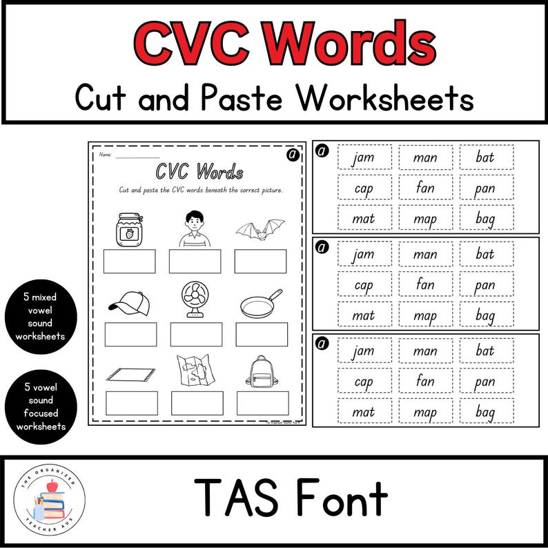 TAS Font | CVC Picture-word Cut and Paste | Short Vowel Sound No Prep ...