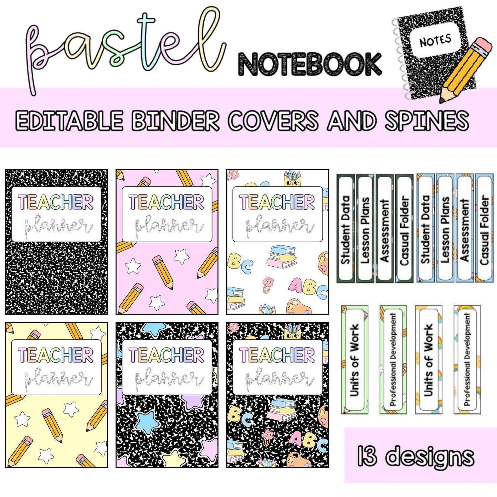 Editable Binder Labels and Spine Labels | Pastel Composition Notebook ...