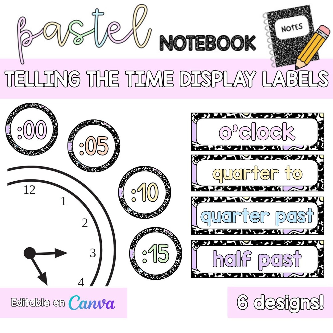 Editable Pastel Composition Notebook Clock Labels | Telling the Time ...