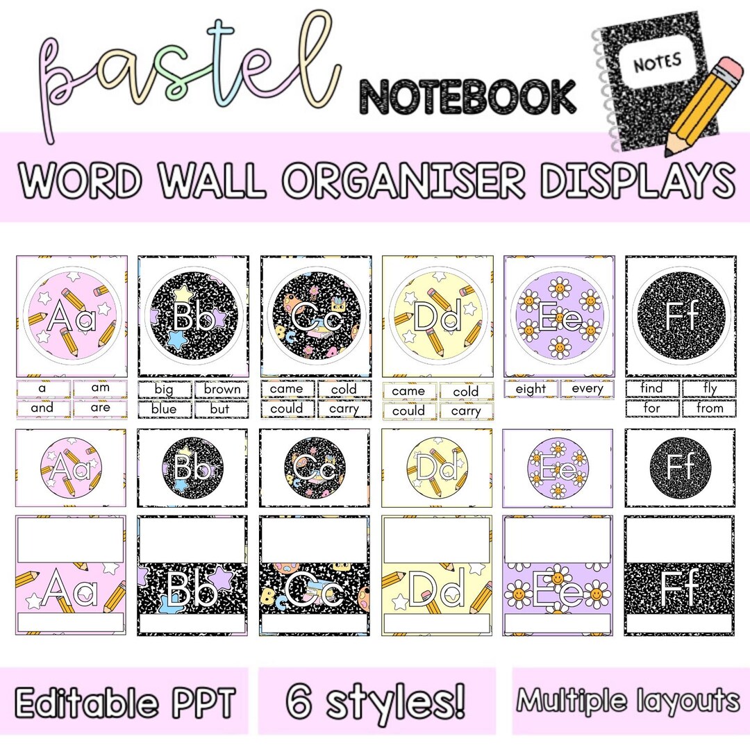 Editable Word Wall and Cards Display | Pastel Composition Notebook ...