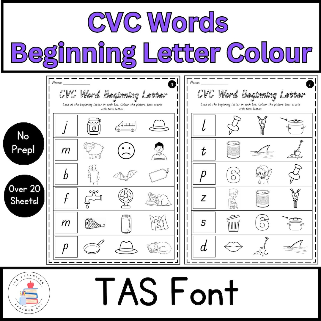 TAS Font CVC Word Beginning Letter Identification and Colour | Early ...