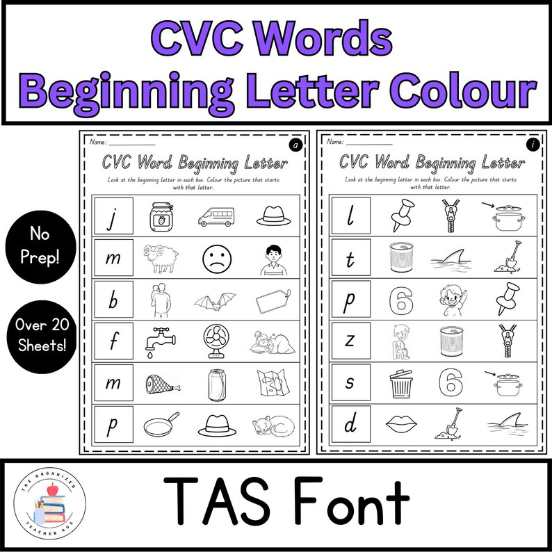 TAS Font CVC Word Beginning Letter Identification and Colour | Early ...
