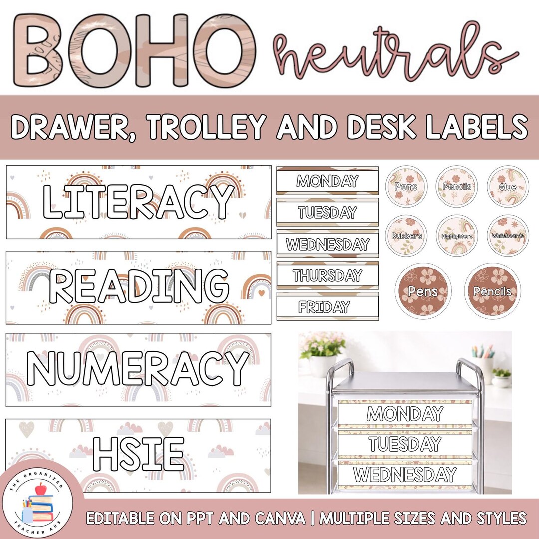 Editable Drawer, Tray & Desk Labels | Boho Neutrals Themed Pack ...