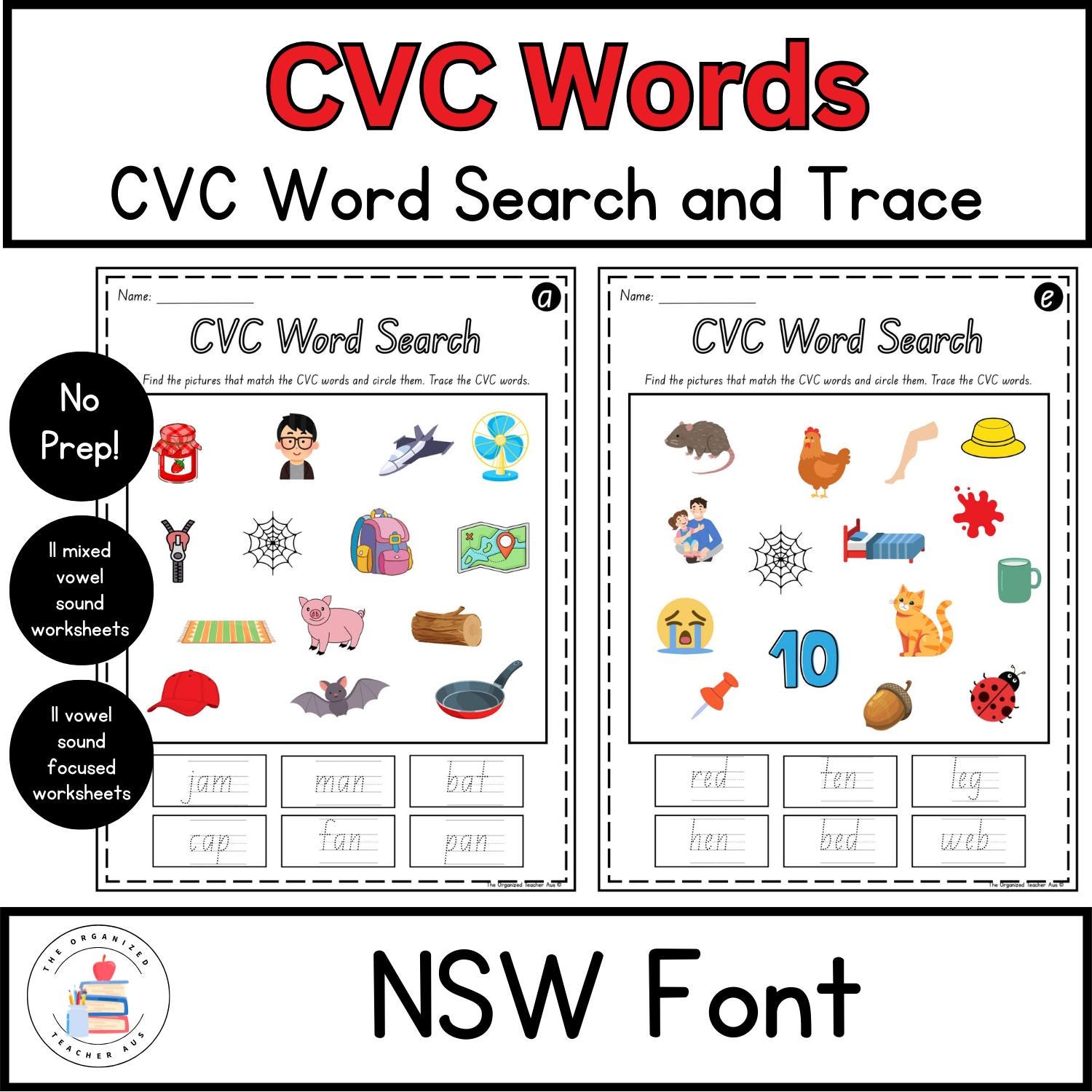 NSW Font | CVC Word Search | Beginning Phonics Find and Trace ...