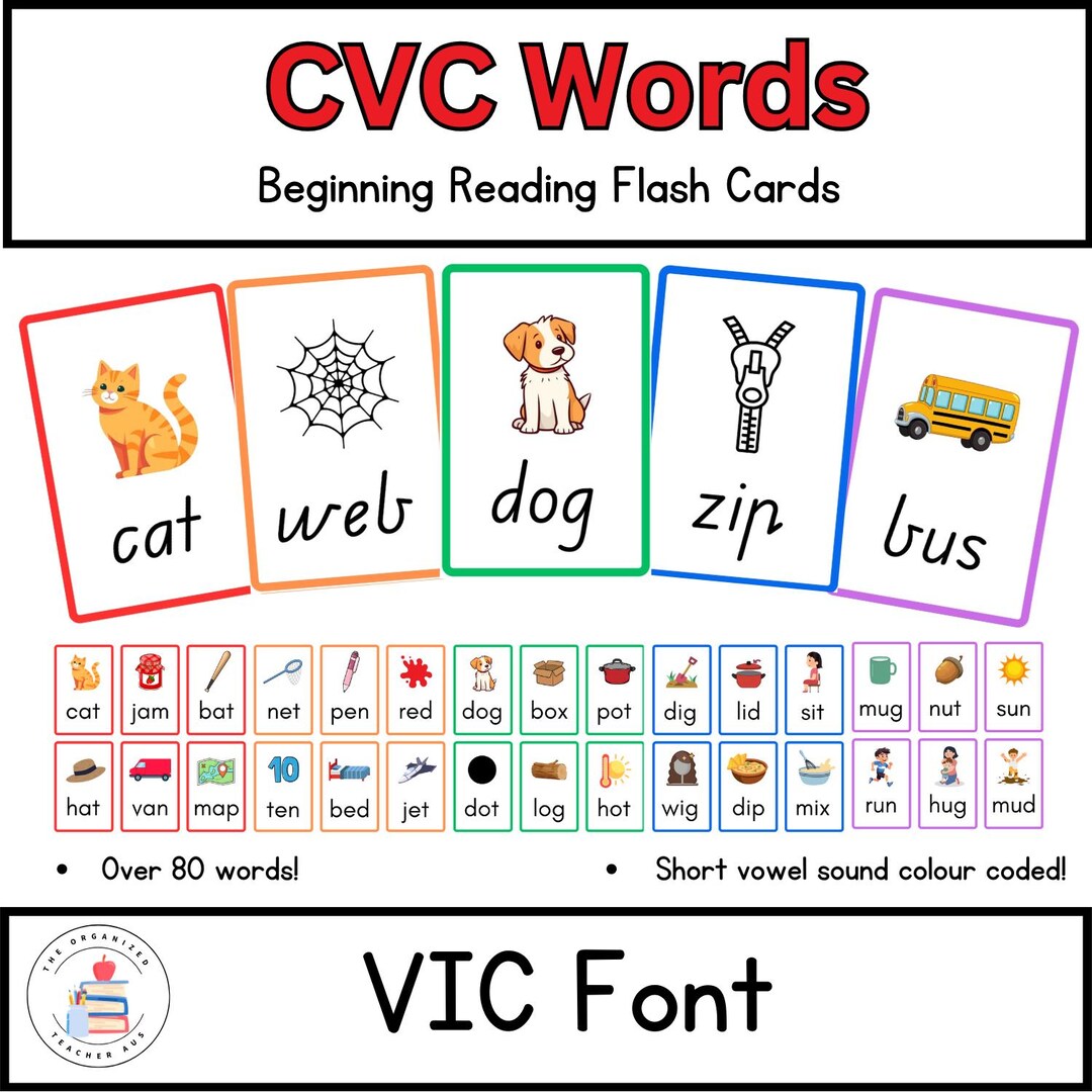 VIC Font | Early Learning CVC Flash Cards | Beginning Reading Literacy ...