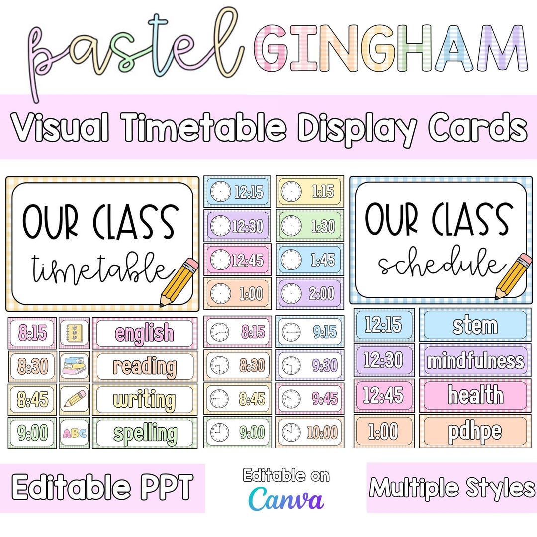 Pastel Gingham Editable Visual Timetable | Schedule Display Cards ...
