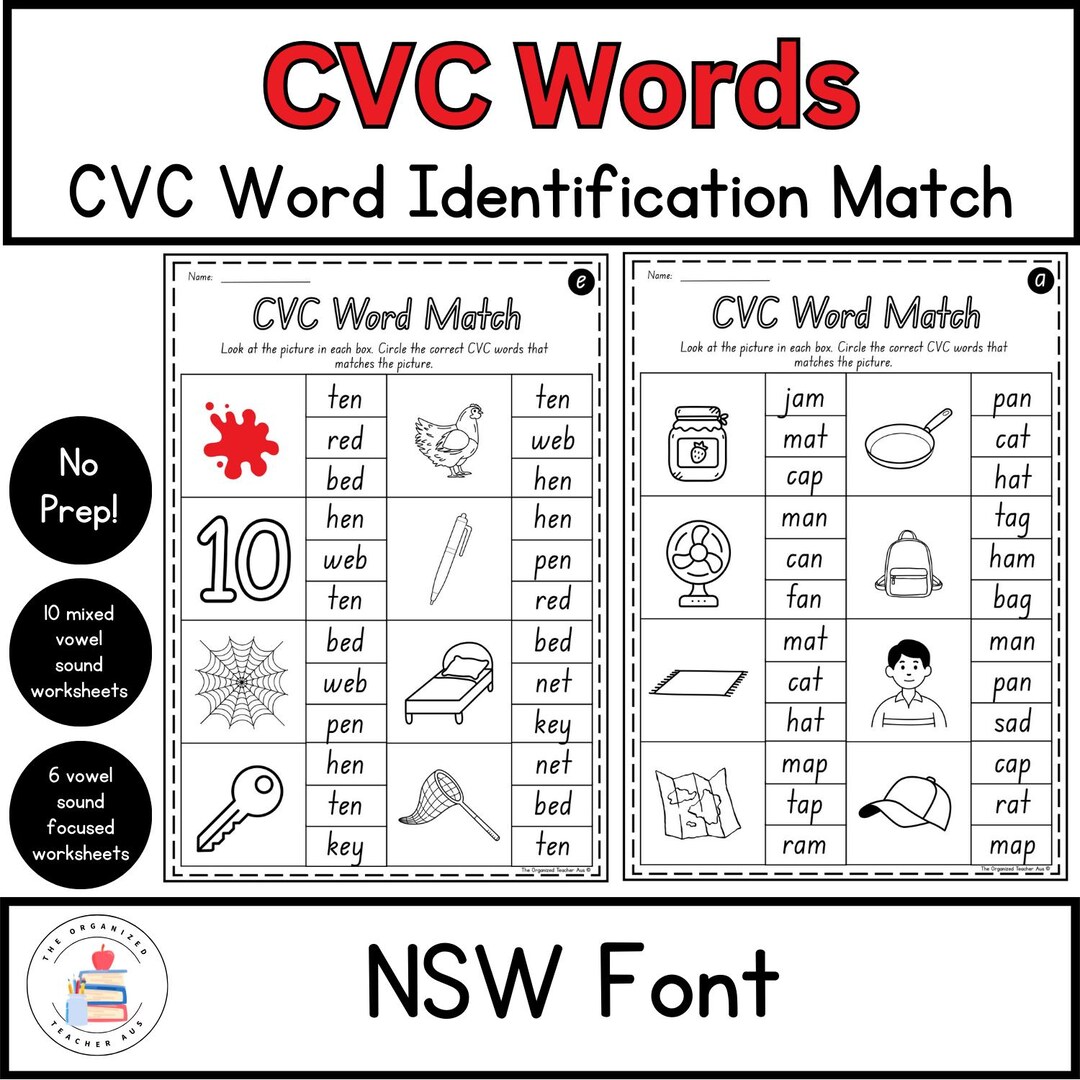 NSW Font CVC Word Match | Find and Colour Beginning Words | Early ...