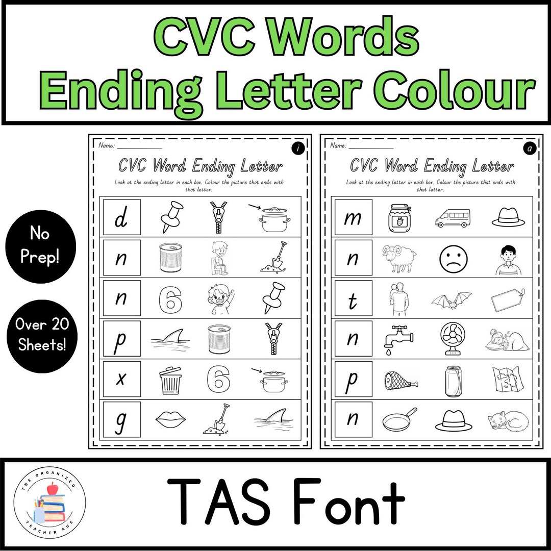 TAS Font CVC Word Ending Letter Identification and Colour/color | Early ...