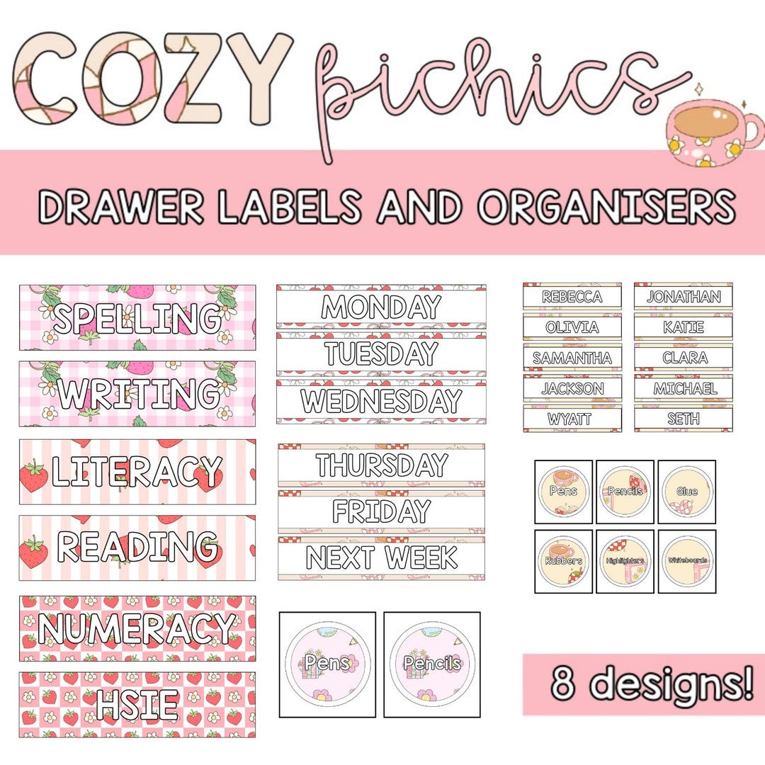 Editable Drawer, Tray & Desk Labels | Cozy Pink Picnics Themed Pack ...