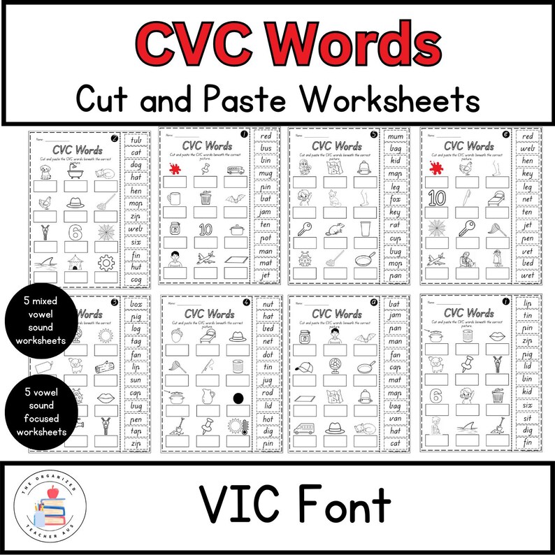 VIC Font | CVC Picture-word Cut and Paste | Short Vowel Sound No Prep ...