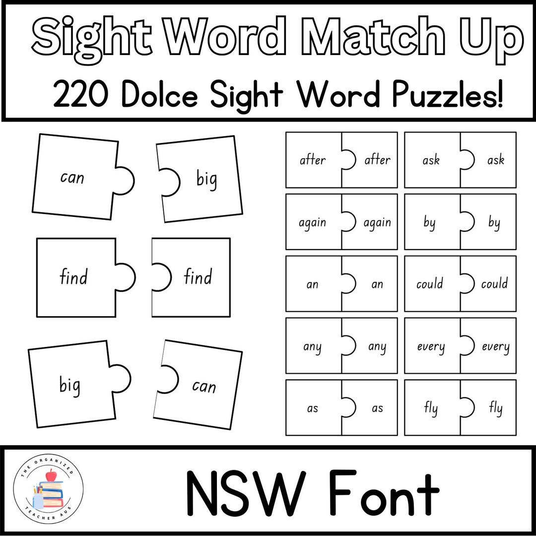 NSW Font | Editable Dolce Sight Word Match up Puzzles | Kindergarten ...