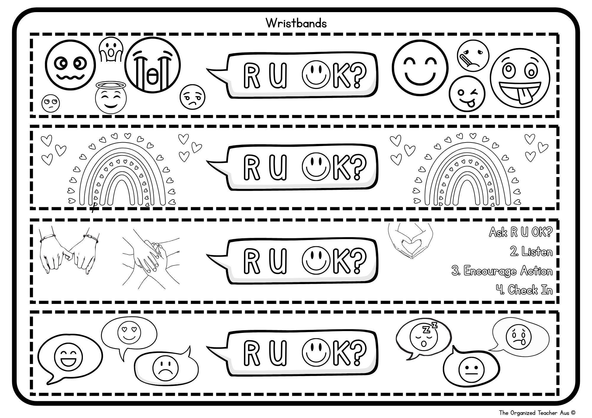 R U OK? Day | Colouring/coloring Wristbands | Social and Emotional ...