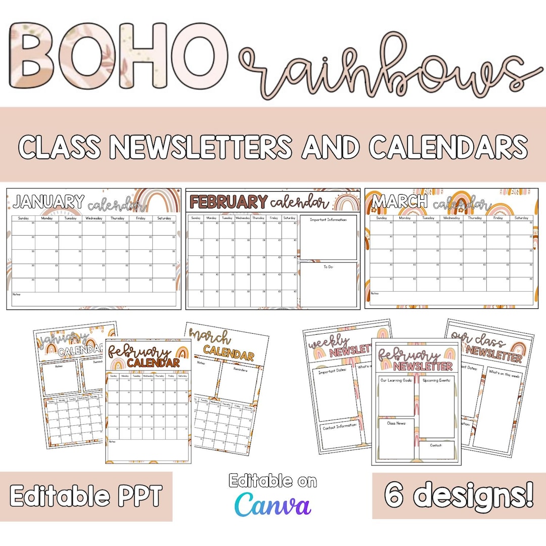 Boho Rainbows Editable Communication Newsletters and Calendars ...