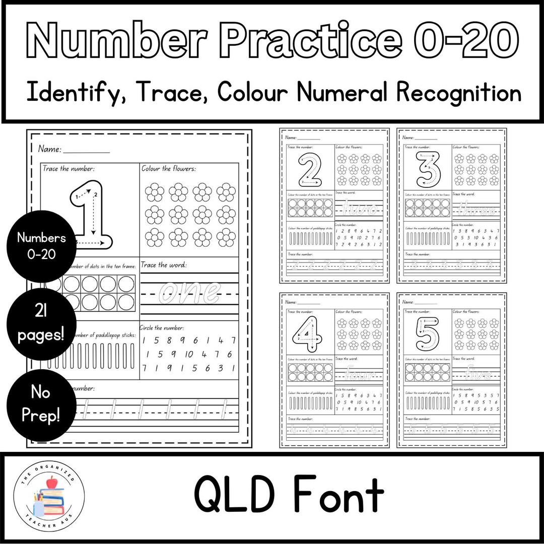 QLD Font Number Recognition Worksheets | Early Years Read, Write, Trace ...