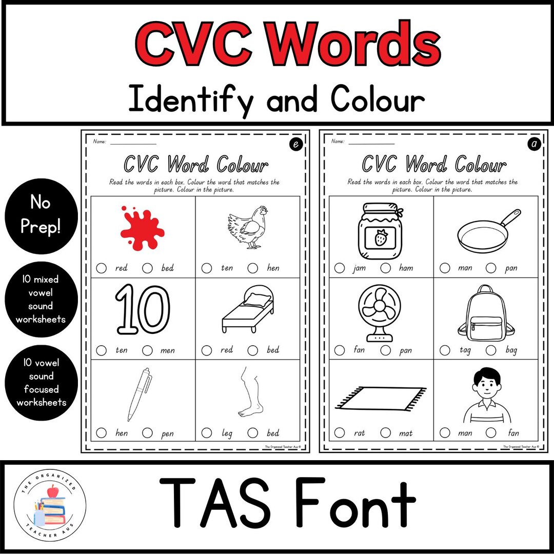 TAS Font CVC Words | Identify and Colour | Word Identification Match up ...