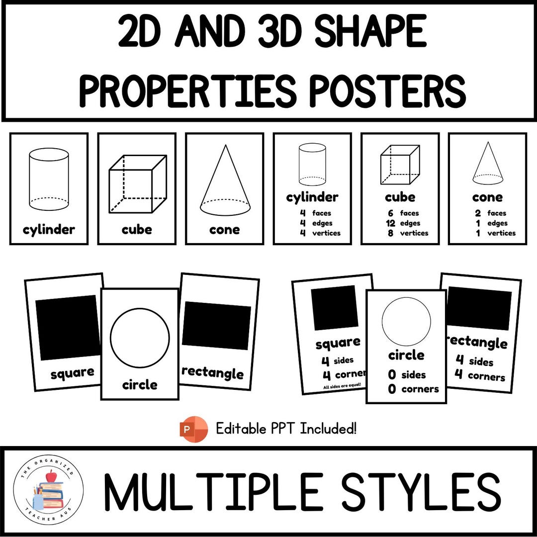 Editable 2D and 3D Shape Properties Black and White Posters | Classroom ...