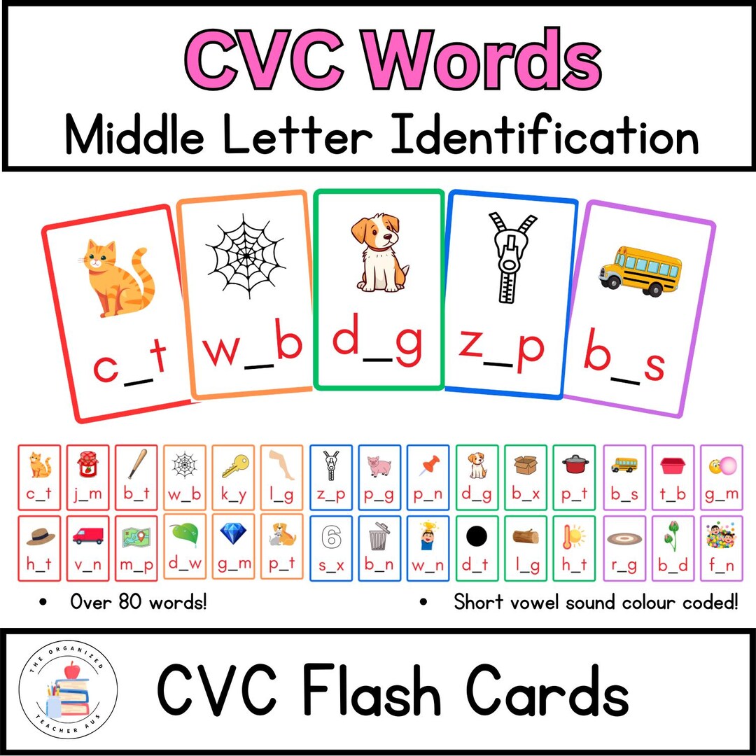 Early Learning CVC Flash Cards | Middle Sound Identification and Write ...