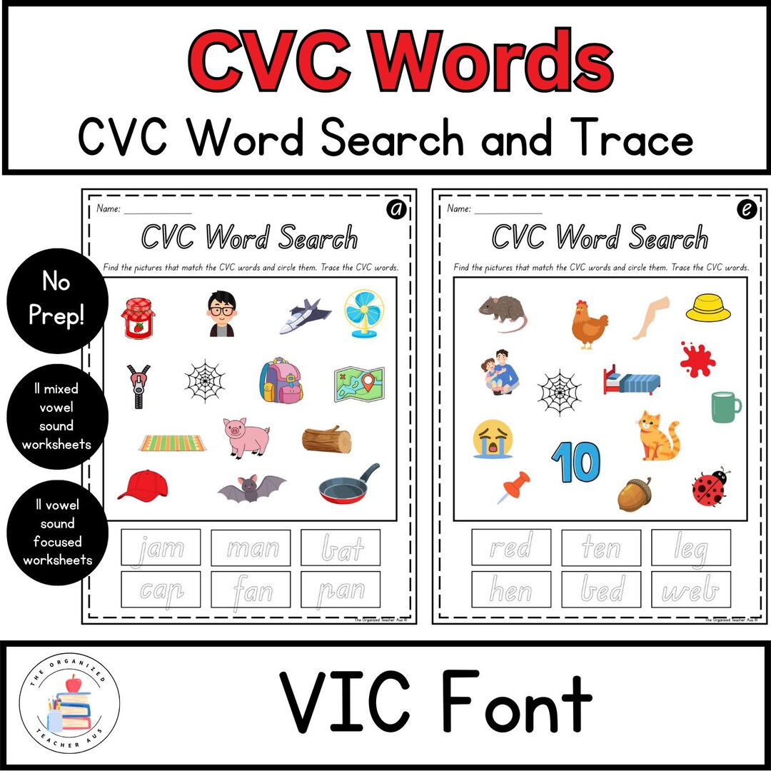 VIC Font | CVC Word Search | Beginning Phonics Find and Trace ...