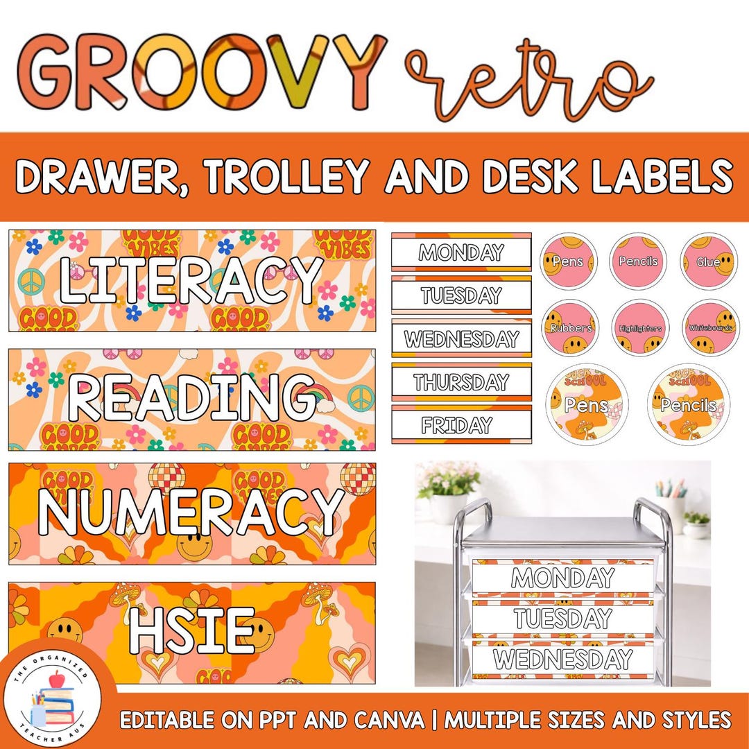 Editable Drawer, Trolley & Desk Labels | Groovy Retro Themed Pack ...