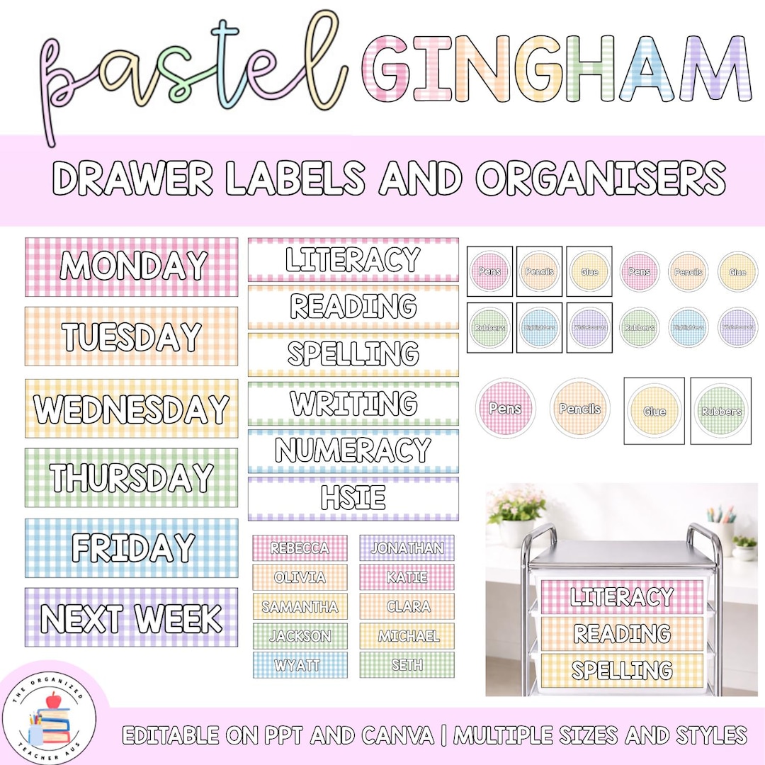 Pastel Gingham Editable Drawer, Trolley & Desk Labels | Classroom ...