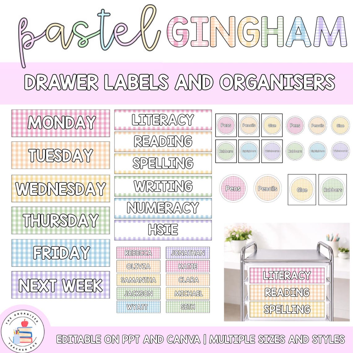 Pastel Gingham Editable Drawer, Trolley & Desk Labels | Classroom ...