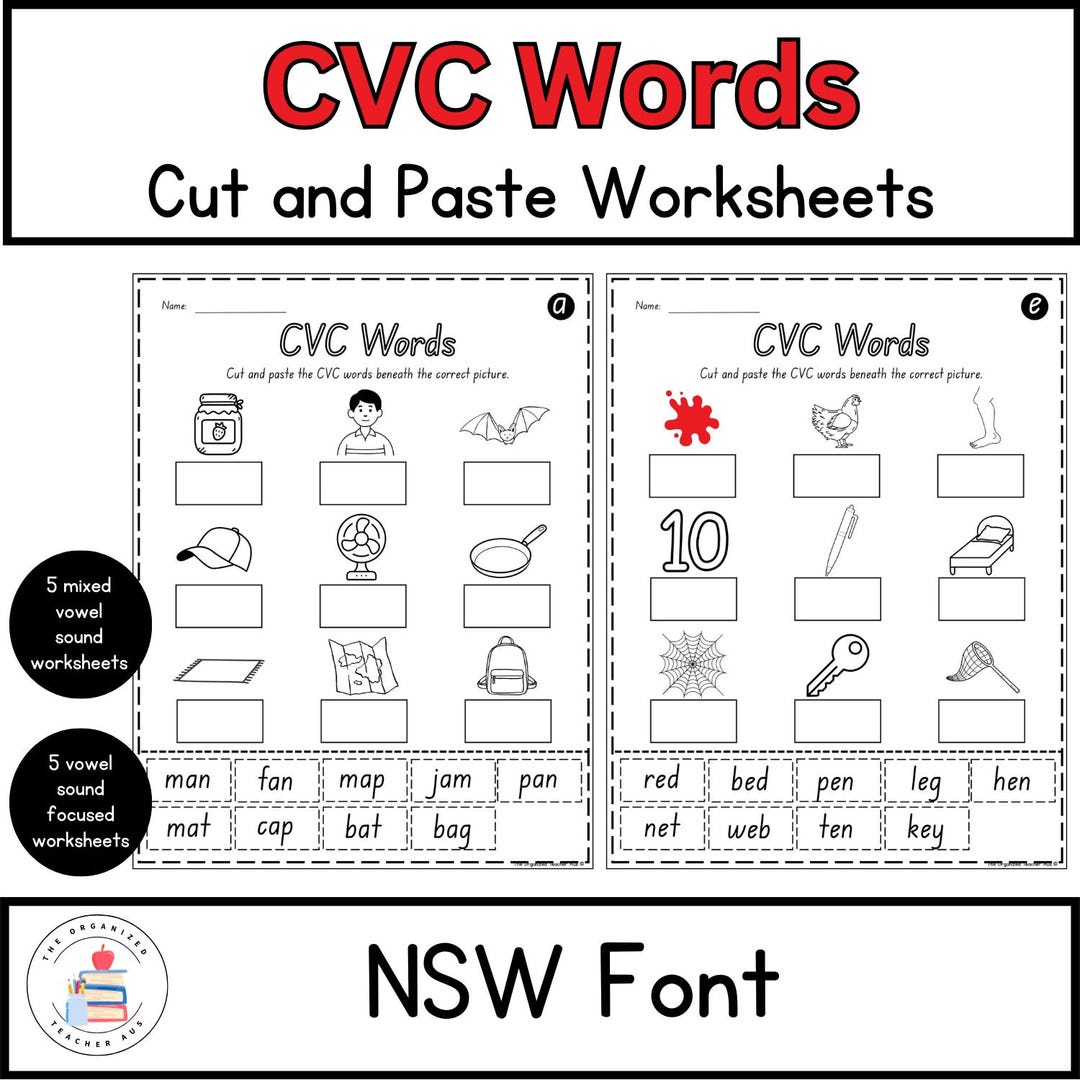NSW Font | CVC Picture-word Cut and Paste | Short Vowel Sound No Prep ...