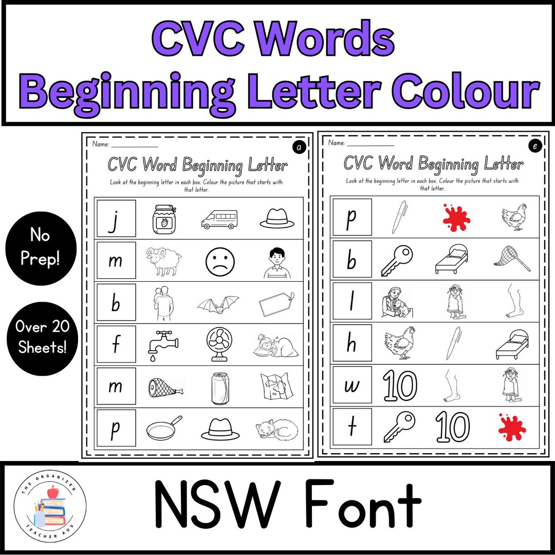 NSW Font CVC Word Beginning Letter Identification and Colour | Early ...