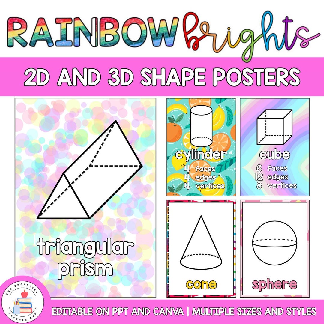 Rainbow Brights 2D and 3D Shape Properties Posters | Mathematics Visual ...