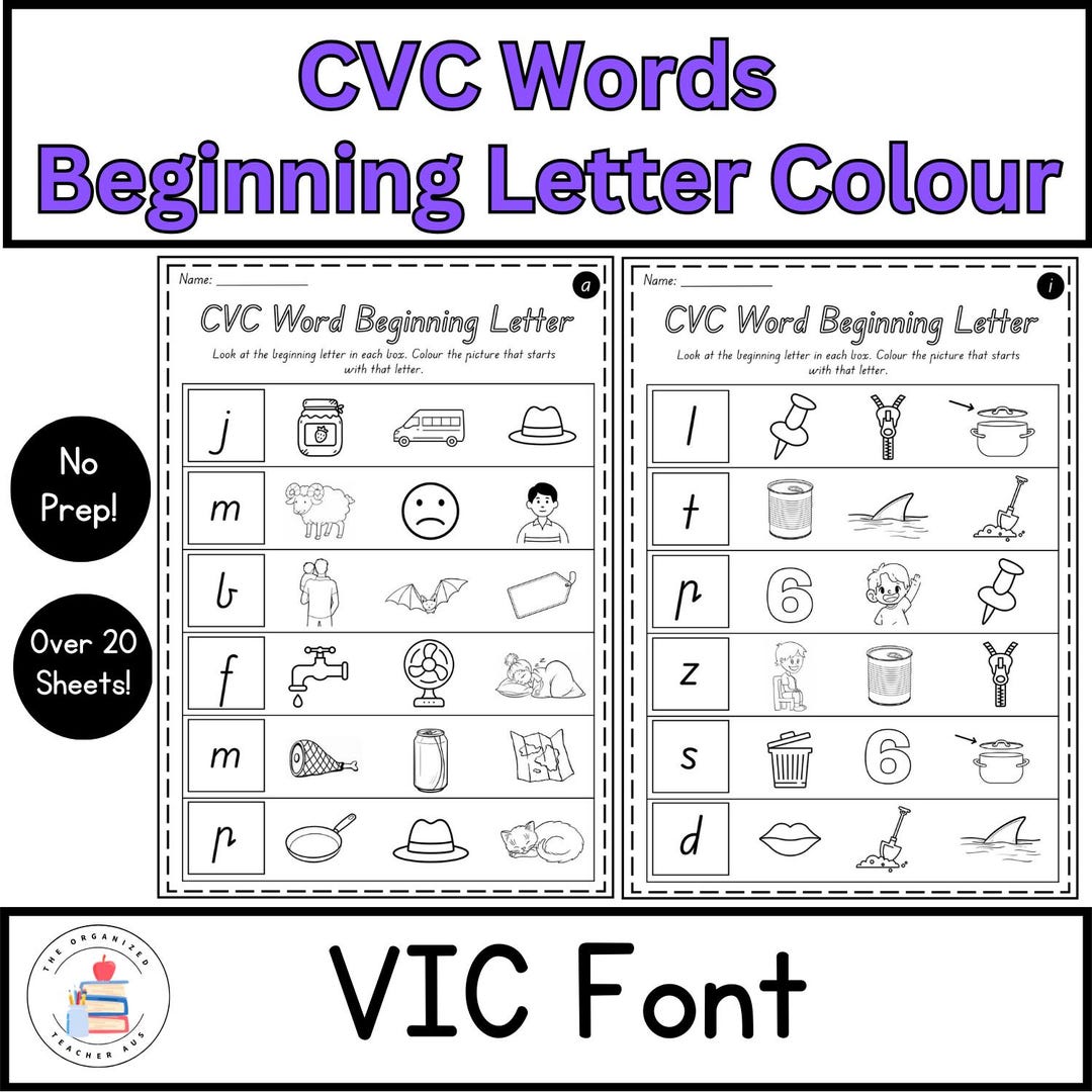 VIC Font CVC Word Beginning Letter Identification and Colour | Early ...