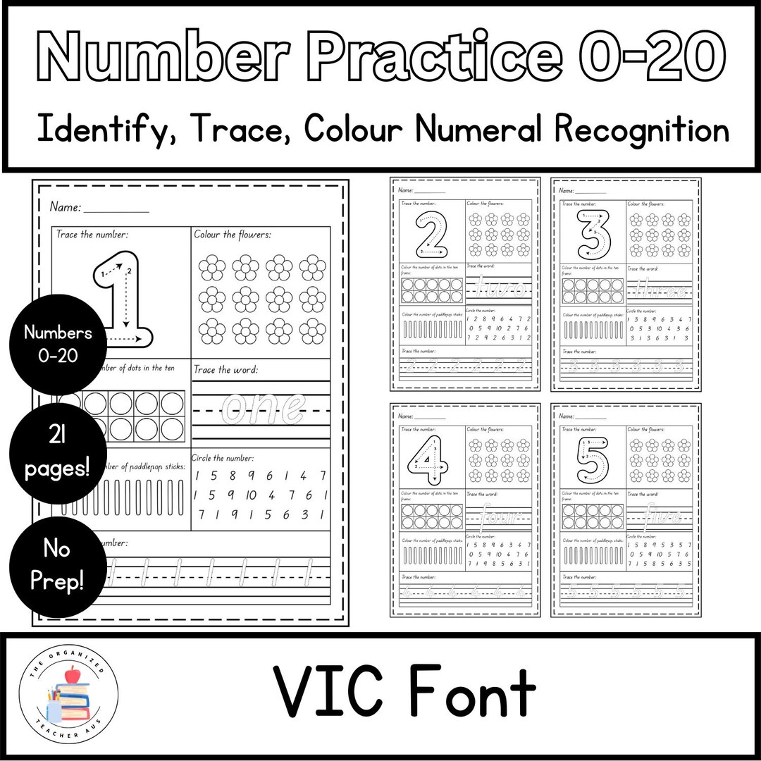 VIC Font Number Recognition Worksheets | Early Years Read, Write, Trace ...