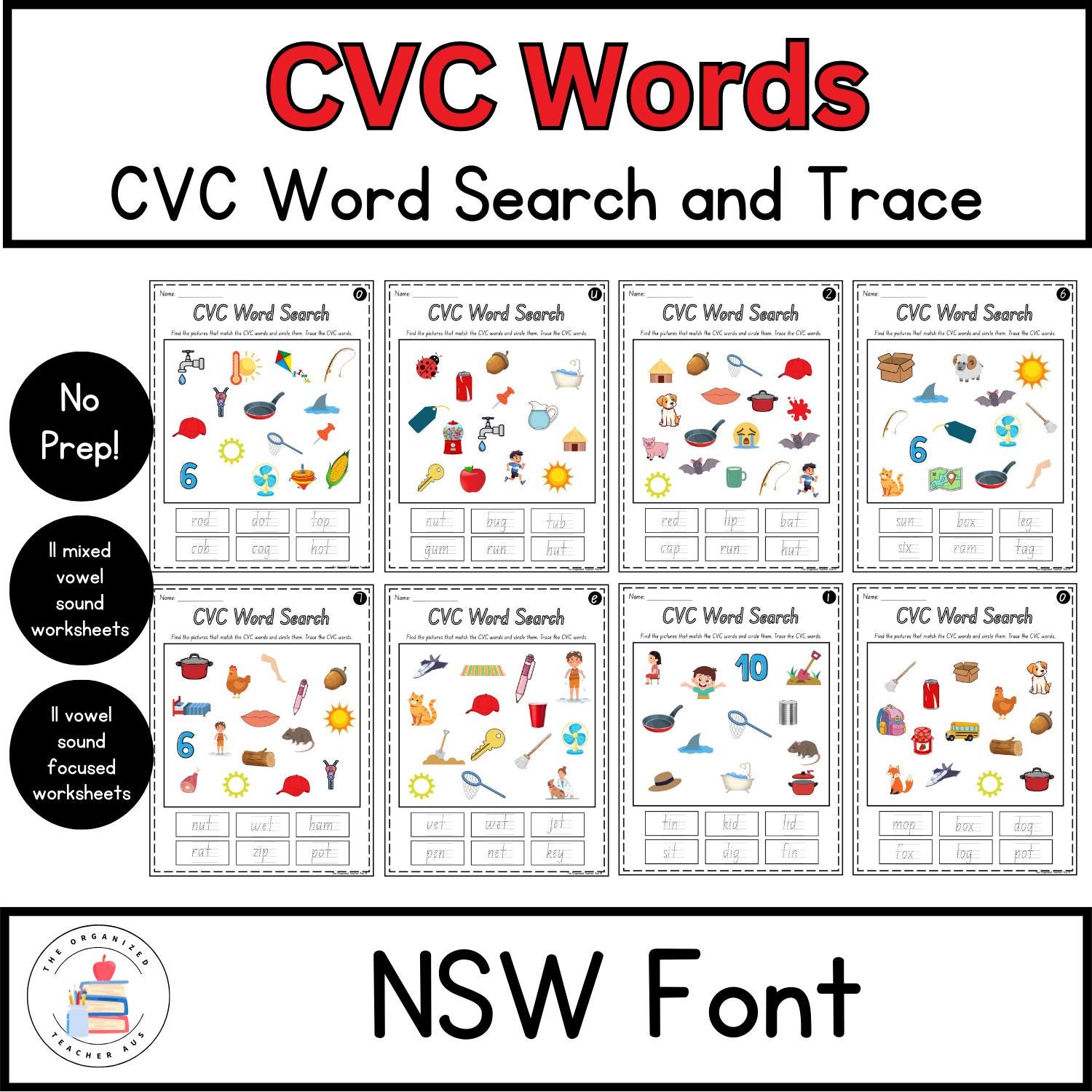 NSW Font | CVC Word Search | Beginning Phonics Find and Trace ...