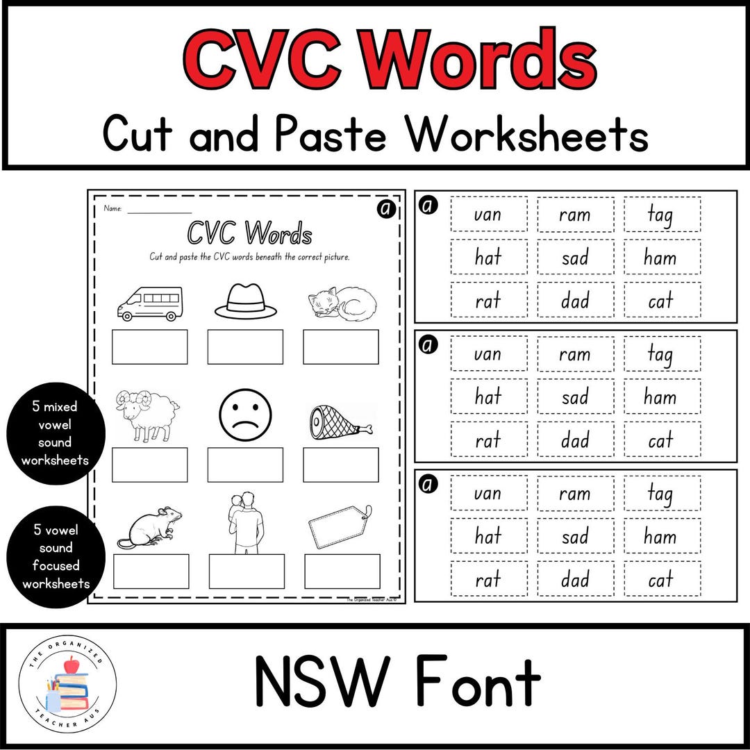 NSW Font | CVC Picture-word Cut and Paste | Short Vowel Sound No Prep ...